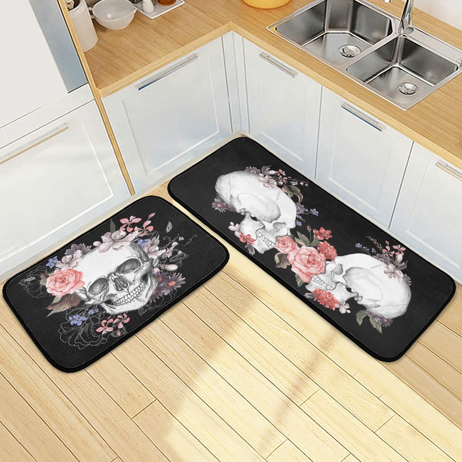 CaTaKu Halloween Skull Kitchen Rugs Sets of 2 Non Slip Kitchen Mat Floral Skull Polyester Area Rugs Set Floor Mats Washable Carpet Mat Comfort Standing Mat for Kitchen Laundry Sink Office