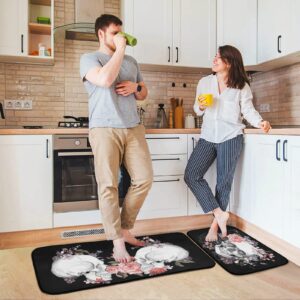 CaTaKu Halloween Skull Kitchen Rugs Sets of 2 Non Slip Kitchen Mat Floral Skull Polyester Area Rugs Set Floor Mats Washable Carpet Mat Comfort Standing Mat for Kitchen Laundry Sink Office