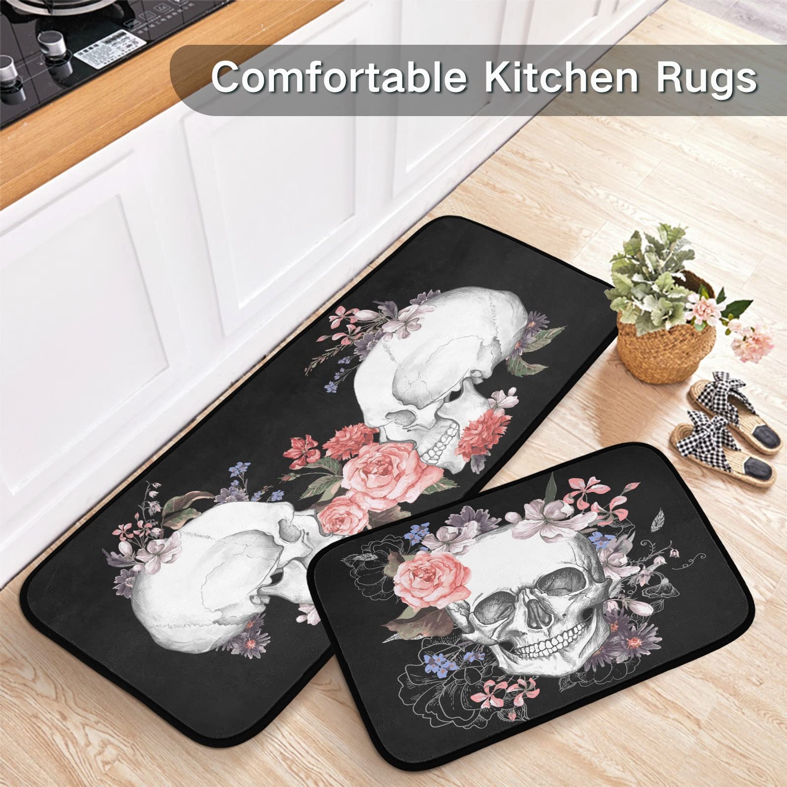 CaTaKu Halloween Skull Kitchen Rugs Sets of 2 Non Slip Kitchen Mat Floral Skull Polyester Area Rugs Set Floor Mats Washable Carpet Mat Comfort Standing Mat for Kitchen Laundry Sink Office