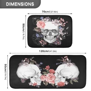 CaTaKu Halloween Skull Kitchen Rugs Sets of 2 Non Slip Kitchen Mat Floral Skull Polyester Area Rugs Set Floor Mats Washable Carpet Mat Comfort Standing Mat for Kitchen Laundry Sink Office