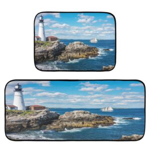 xigua 2 pieces cape elizabeth lighthouse kitchen rugs and mats set absorbent soft microfiber bath mat non-slip doormat laundry runner set, 19.7"x47.2"+19.7"x27.6"