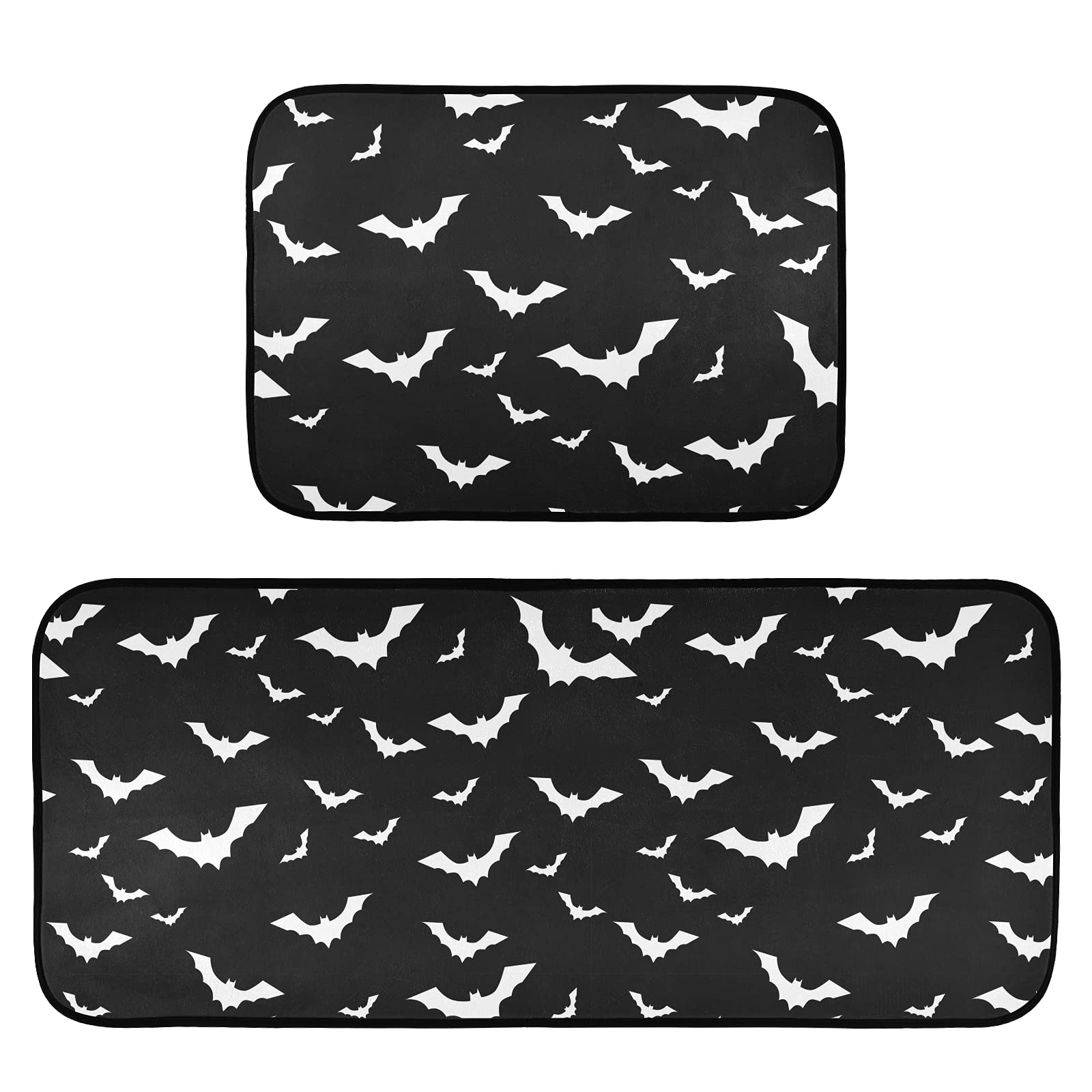 Krafig Halloween with Bats Kitchen Rug Set of 2, Washable Non-Slip Anti Fatigue Distressed Comfort Memory Foam Rubber Backing Rug for Kitchen Floor Living Room Bedroom Bathroom Laundry Room