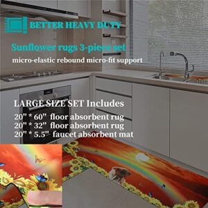 LAGOM HOUSE Sunflower Kitchen Rugs Set of 3 Large Kitchen mats décor for Floor Non Slip Farmhouse Kitchen Rugs Runner 3 pc Theme Sunflower Decor for Bathroom (60''x20''+32''x20''+5.5''x20')