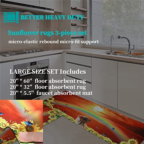 LAGOM HOUSE Sunflower Kitchen Rugs Set of 3 Large Kitchen mats décor for Floor Non Slip Farmhouse Kitchen Rugs Runner 3 pc Theme Sunflower Decor for Bathroom (60''x20''+32''x20''+5.5''x20')