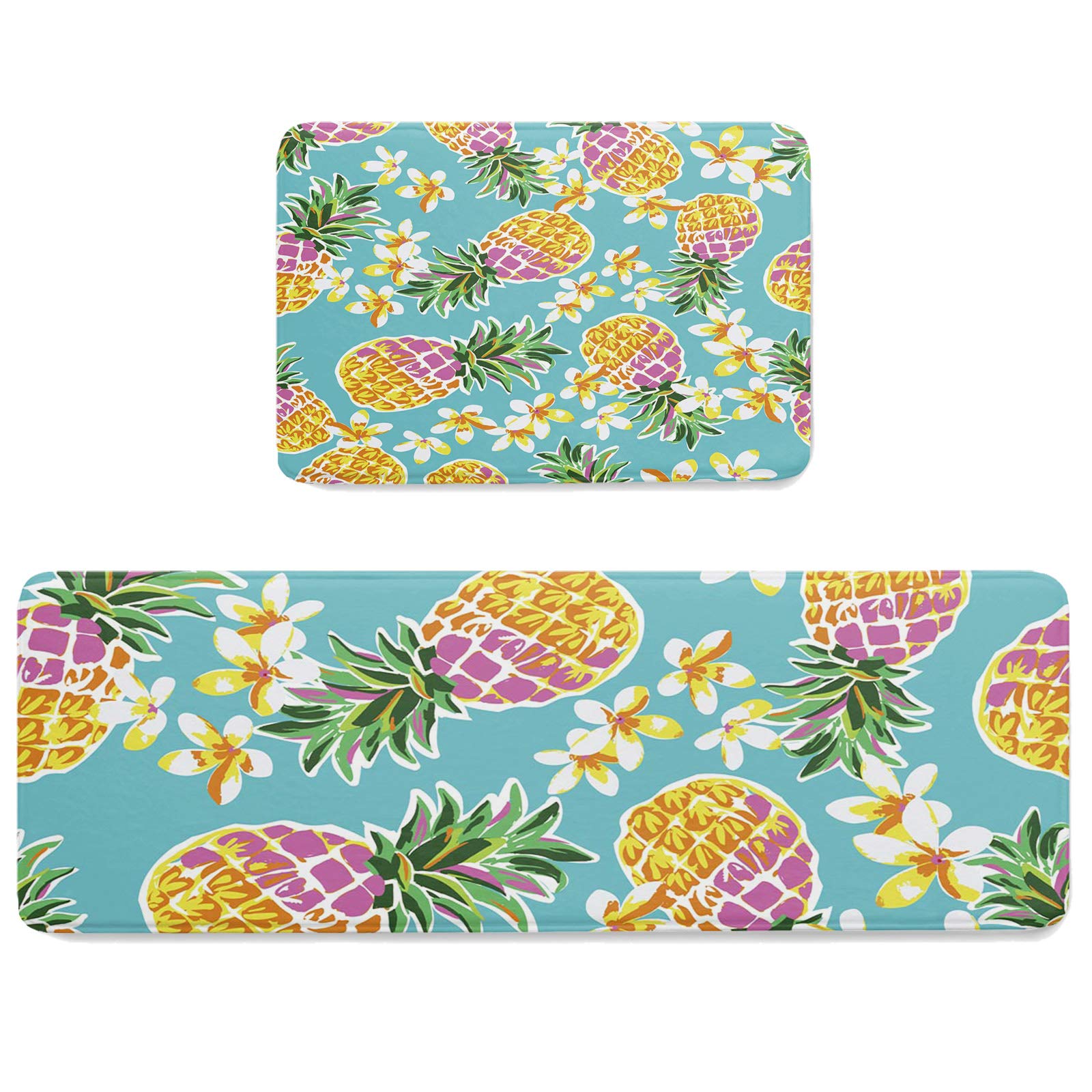 Anti-Fatigue Kitchen Mats Standing Rugs Set of 2 Country Yellow Pineapple Fruit Art Non-Slip Area Runner Floor Doormat Spring Blue and Flower Washable Cushioned Carpet for Bedroom Bathroom Decor