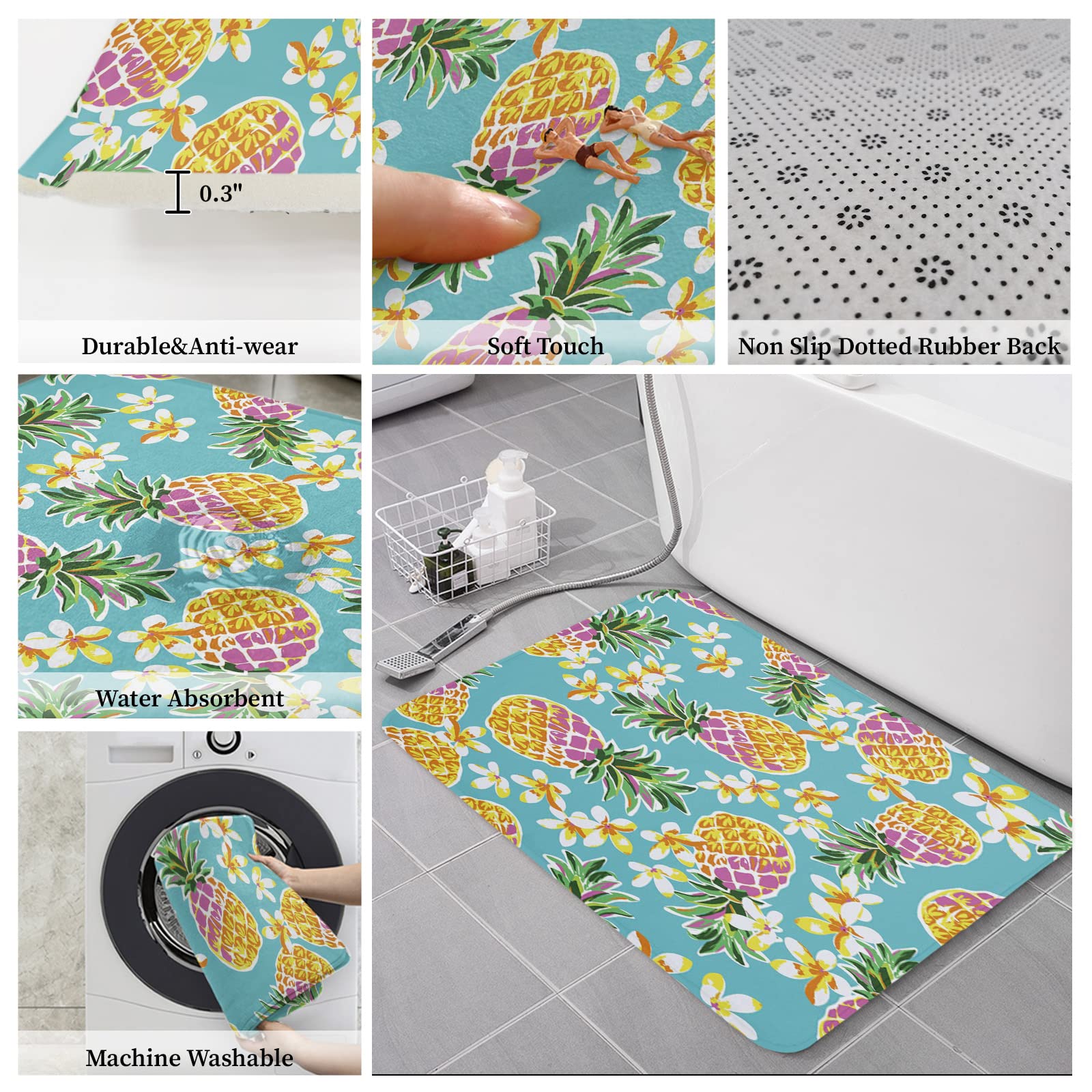 Anti-Fatigue Kitchen Mats Standing Rugs Set of 2 Country Yellow Pineapple Fruit Art Non-Slip Area Runner Floor Doormat Spring Blue and Flower Washable Cushioned Carpet for Bedroom Bathroom Decor