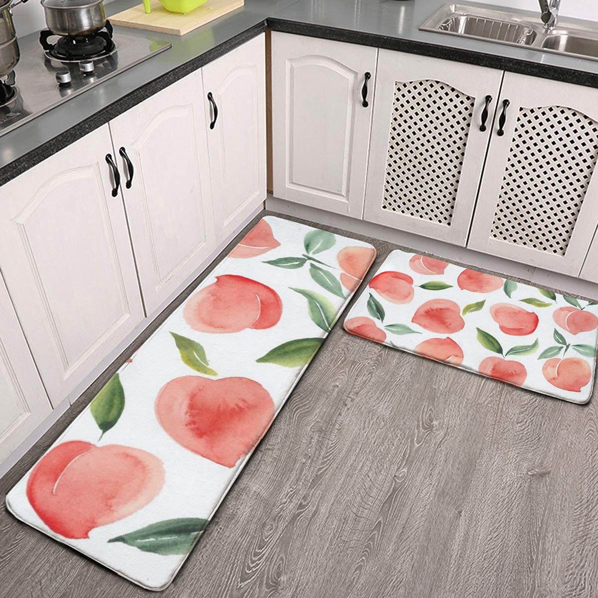 Dapuge, 2 Pcs Kitchen Rug Set, Peaches NonSlip Kitchen Mats and Rugs Soft Flannel NonSlip Area Runner Rugs Washable Durable Doormat Carpet, White, OneSize