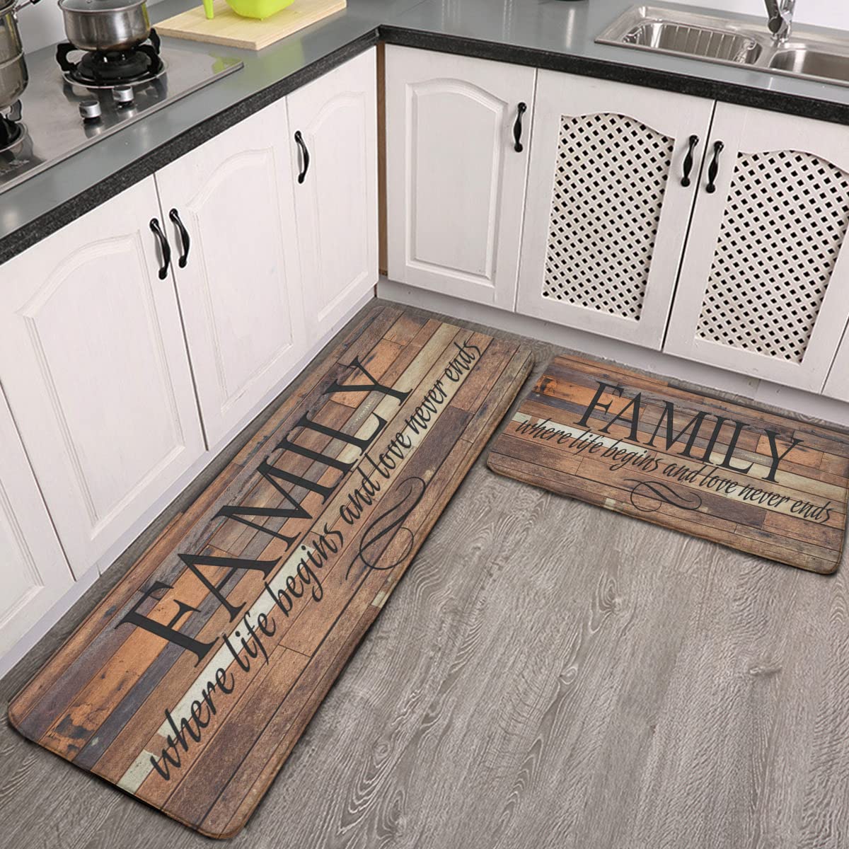 Farmhouse Style Kitchen Mats Sets 2 PCS Cushioned Anti Fatigue Comfort Mat Ergonomically Engineered Soft Wood Grain Kitchen Rug Waterproof Non-Skid for Kitchen Sink Laundry 17"x47"+17"x24"