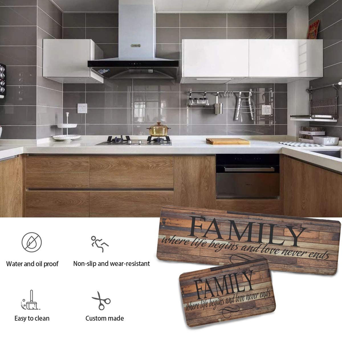 Farmhouse Style Kitchen Mats Sets 2 PCS Cushioned Anti Fatigue Comfort Mat Ergonomically Engineered Soft Wood Grain Kitchen Rug Waterproof Non-Skid for Kitchen Sink Laundry 17"x47"+17"x24"