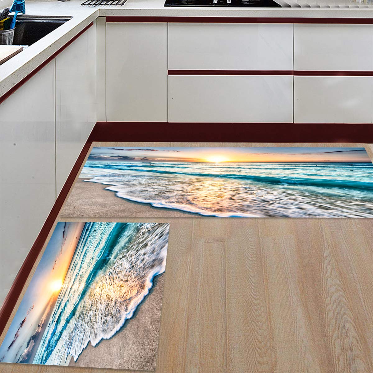 Kitchen Mat Set 2 Piece Non Slip Soft Rubber Back Doormat,Washable Floor Mat Living Room Carpet Runner Rug Set- Tropical Sand Beach Sea Waves Sunrise Seaside Scene (19.7" x 31.5"+19.7" x 47.2")