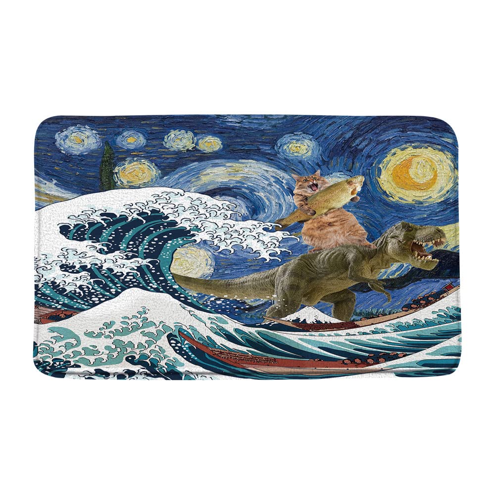 GCTNBJL Funny Cat Bath Mat Cute Kitty with Fish Riding Dinosaur Great Wave Strarry Sky Van Gogh Art Dino Japanese Style Creative Bathroom Decor Rug Doormat Kitchen Toilet Floor Rug,20x31 Inch