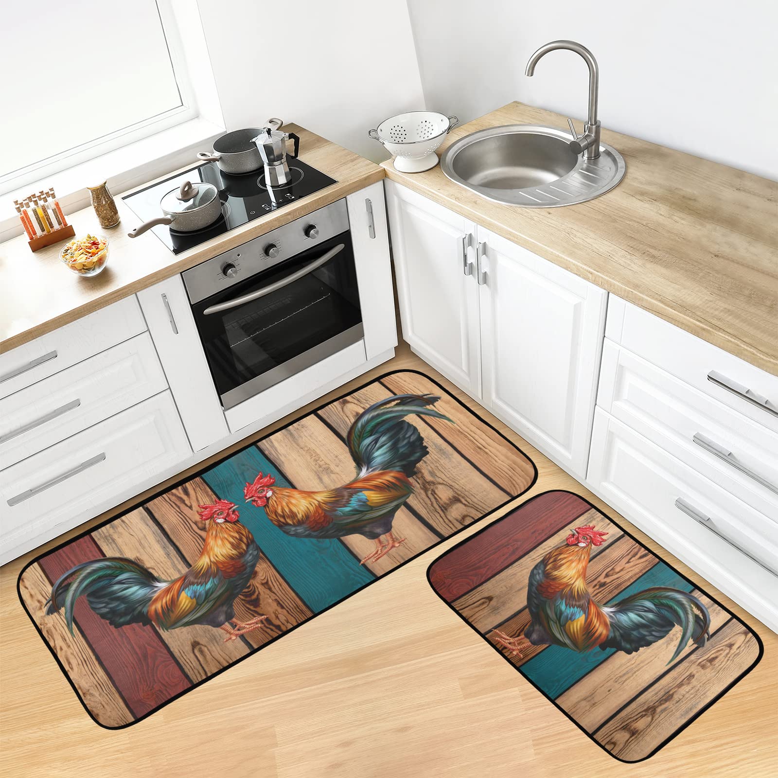 Kitchen Rugs Set 2 Piece Roosters Farmhouse Non Slip Bathroom Floor Mats Anti-Fatigue Washable Carpet Doormat - 27"x19"+47"x19"