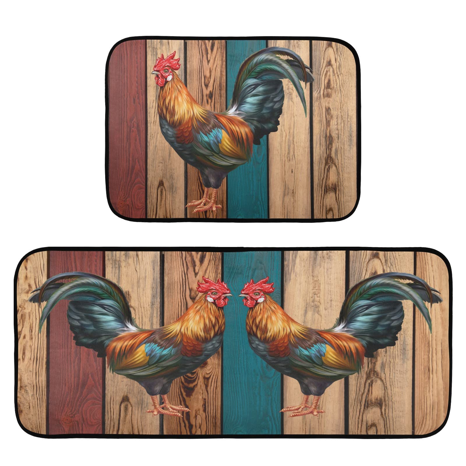 Kitchen Rugs Set 2 Piece Roosters Farmhouse Non Slip Bathroom Floor Mats Anti-Fatigue Washable Carpet Doormat - 27"x19"+47"x19"