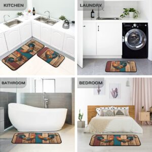 Kitchen Rugs Set 2 Piece Roosters Farmhouse Non Slip Bathroom Floor Mats Anti-Fatigue Washable Carpet Doormat - 27"x19"+47"x19"