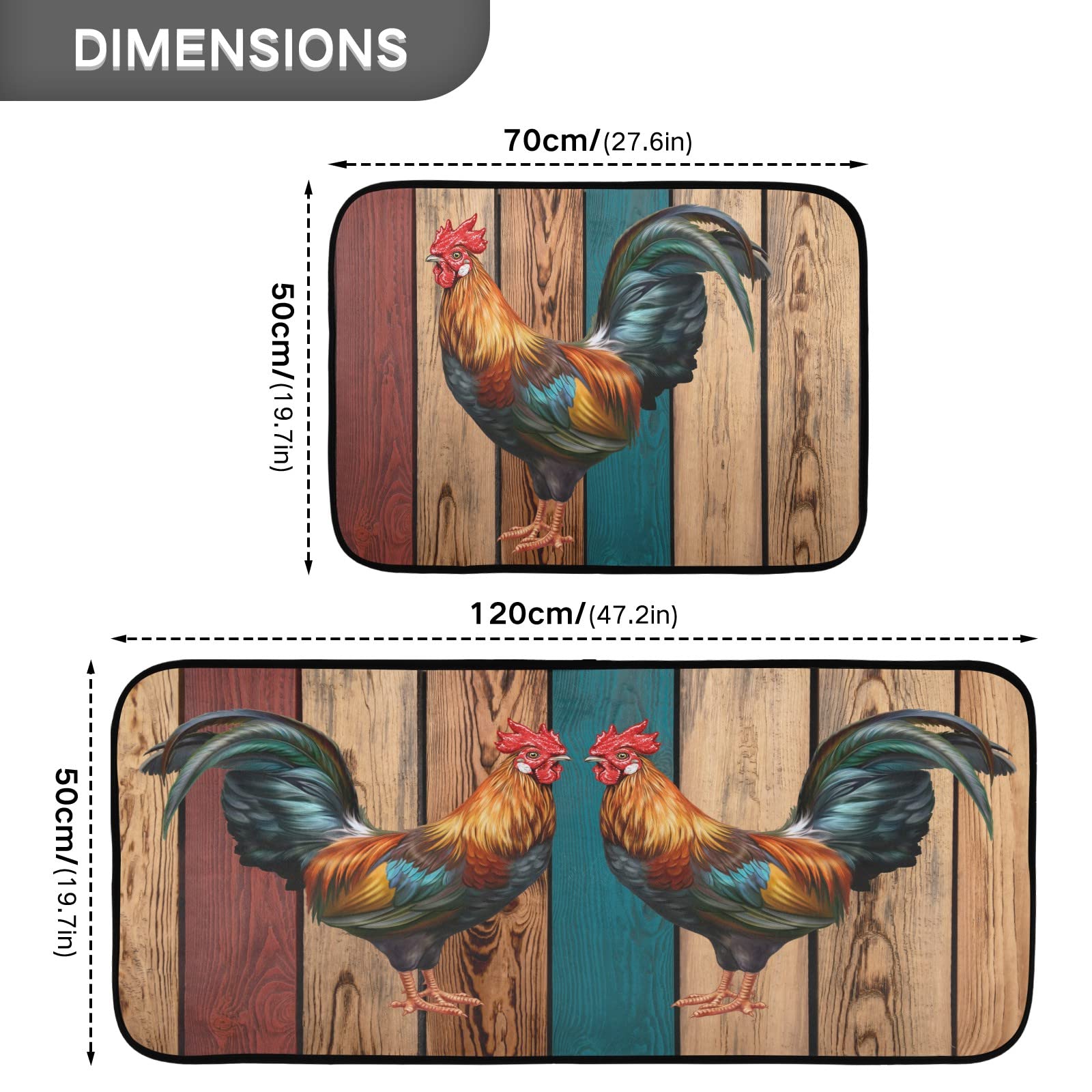 Kitchen Rugs Set 2 Piece Roosters Farmhouse Non Slip Bathroom Floor Mats Anti-Fatigue Washable Carpet Doormat - 27"x19"+47"x19"