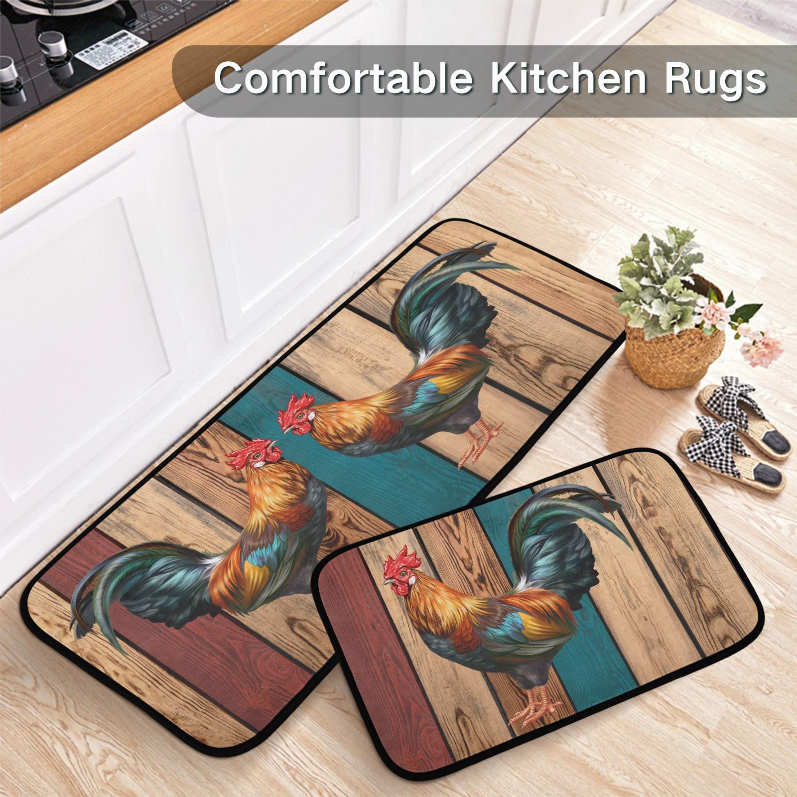 Kitchen Rugs Set 2 Piece Roosters Farmhouse Non Slip Bathroom Floor Mats Anti-Fatigue Washable Carpet Doormat - 27"x19"+47"x19"