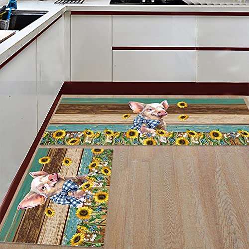 Kitchen Mat 2PCS Pig Hold Sunflowers Rustic Wooden Planks Farm Animal Kitchen Rugs Kitchen Organization, Anti-Fatigue Kitchen Floor Mats Non-Slip Kitchen Decor Runner Rug Room Decor Standing Desk Mats