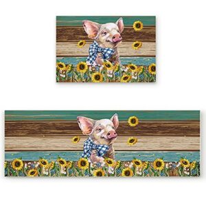 Kitchen Mat 2PCS Pig Hold Sunflowers Rustic Wooden Planks Farm Animal Kitchen Rugs Kitchen Organization, Anti-Fatigue Kitchen Floor Mats Non-Slip Kitchen Decor Runner Rug Room Decor Standing Desk Mats