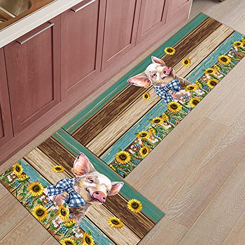 Kitchen Mat 2PCS Pig Hold Sunflowers Rustic Wooden Planks Farm Animal Kitchen Rugs Kitchen Organization, Anti-Fatigue Kitchen Floor Mats Non-Slip Kitchen Decor Runner Rug Room Decor Standing Desk Mats