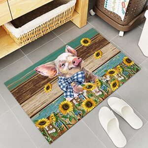 Kitchen Mat 2PCS Pig Hold Sunflowers Rustic Wooden Planks Farm Animal Kitchen Rugs Kitchen Organization, Anti-Fatigue Kitchen Floor Mats Non-Slip Kitchen Decor Runner Rug Room Decor Standing Desk Mats