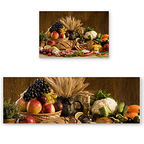 Kitchen Rug Sets 2 Piece Food Fresh Fruit Grape Bread Wheat Non Slip Anti Fatigue Floor Mats Good Harvest Brown Comfort Soft Absorb Cushioned Standing Doormat Runner Rugs (15.7x23.6+15.7x47.2 inch)