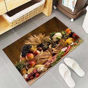 Kitchen Rug Sets 2 Piece Food Fresh Fruit Grape Bread Wheat Non Slip Anti Fatigue Floor Mats Good Harvest Brown Comfort Soft Absorb Cushioned Standing Doormat Runner Rugs (15.7x23.6+15.7x47.2 inch)