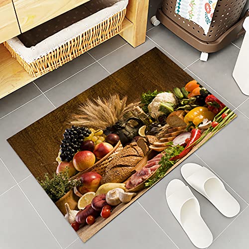 Kitchen Rug Sets 2 Piece Food Fresh Fruit Grape Bread Wheat Non Slip Anti Fatigue Floor Mats Good Harvest Brown Comfort Soft Absorb Cushioned Standing Doormat Runner Rugs (15.7x23.6+15.7x47.2 inch)