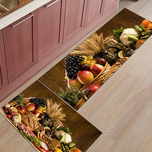 Kitchen Rug Sets 2 Piece Food Fresh Fruit Grape Bread Wheat Non Slip Anti Fatigue Floor Mats Good Harvest Brown Comfort Soft Absorb Cushioned Standing Doormat Runner Rugs (15.7x23.6+15.7x47.2 inch)