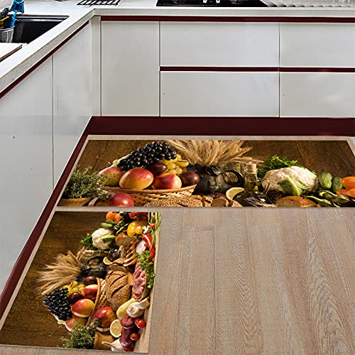 Kitchen Rug Sets 2 Piece Food Fresh Fruit Grape Bread Wheat Non Slip Anti Fatigue Floor Mats Good Harvest Brown Comfort Soft Absorb Cushioned Standing Doormat Runner Rugs (15.7x23.6+15.7x47.2 inch)