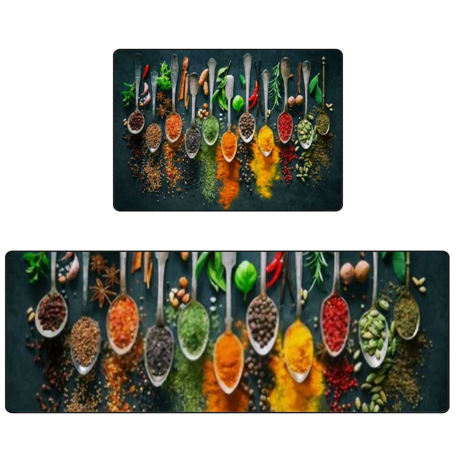 Vantaso Kitchen Mat Rug Colourful Herbs and Spices Set of 2 Cushioned Non-Slip Waterproof Kitchen Floor Mats Comfort Runner Rugs