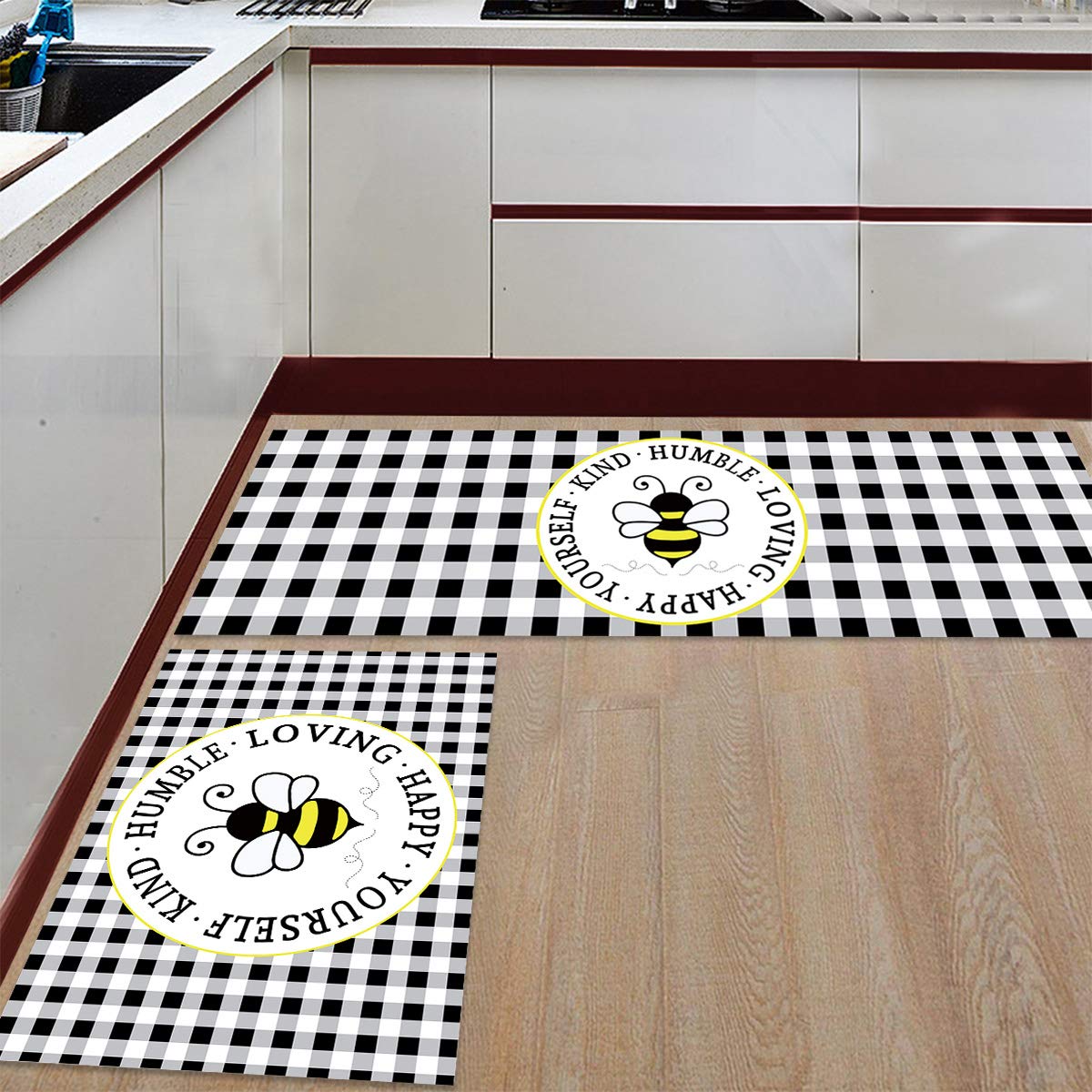 Savannan Kitchen Rug 2 PCS Set Floor Mat, Bee Black White Checkered Kind Humble Loving Happy Yourself Non-Slip Soft Absorbent Runner Mat Doormat for Doorway Bathroom Bedroom Laundry