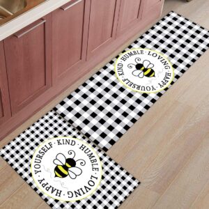 Savannan Kitchen Rug 2 PCS Set Floor Mat, Bee Black White Checkered Kind Humble Loving Happy Yourself Non-Slip Soft Absorbent Runner Mat Doormat for Doorway Bathroom Bedroom Laundry