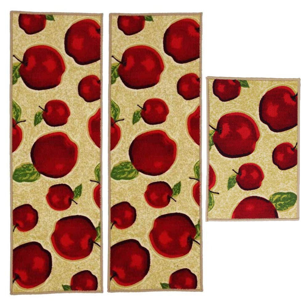 Wolala Home 3 Piece Sets Rubber Backing Non-Slip Red Apple Kitchen Rug and Mats Washable Durably Bath Area Rugs Doormat Thin