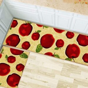 Wolala Home 3 Piece Sets Rubber Backing Non-Slip Red Apple Kitchen Rug and Mats Washable Durably Bath Area Rugs Doormat Thin