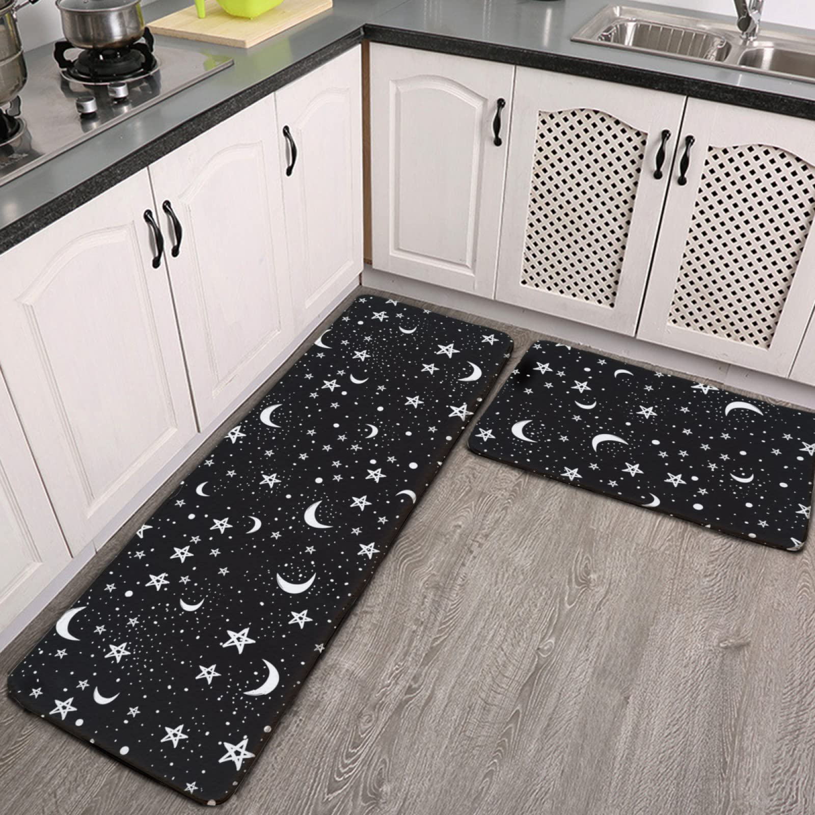 YouTary Black White Moon and Star Pattern Kitchen Rug Set 2 PCS Floor Mats Washable Non-Slip Soft Flannel Runner Rug Doormat Carpet for Floor Home Bathroom, 17" x 47"+17" x 24"-M