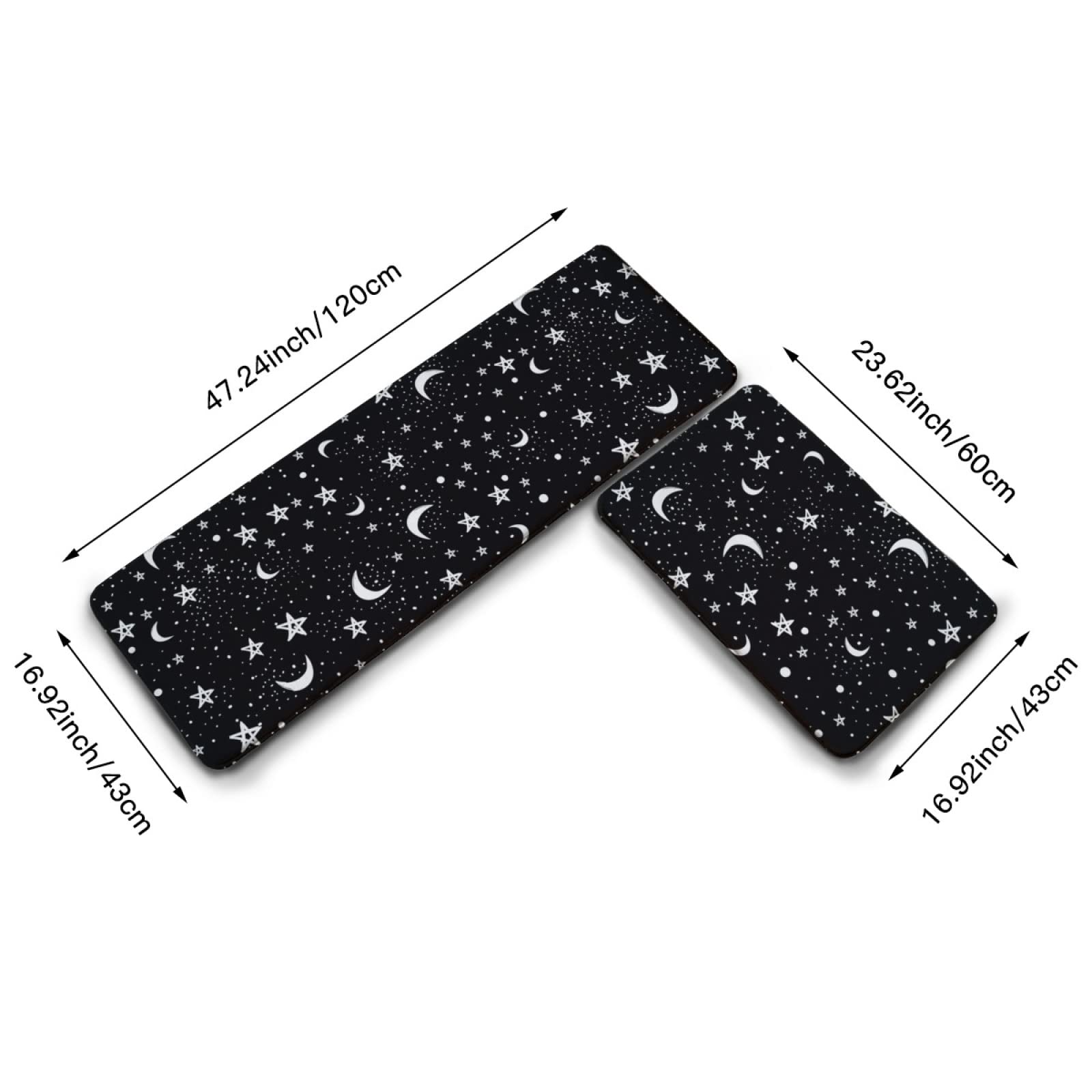 YouTary Black White Moon and Star Pattern Kitchen Rug Set 2 PCS Floor Mats Washable Non-Slip Soft Flannel Runner Rug Doormat Carpet for Floor Home Bathroom, 17" x 47"+17" x 24"-M