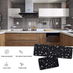 YouTary Black White Moon and Star Pattern Kitchen Rug Set 2 PCS Floor Mats Washable Non-Slip Soft Flannel Runner Rug Doormat Carpet for Floor Home Bathroom, 17" x 47"+17" x 24"-M