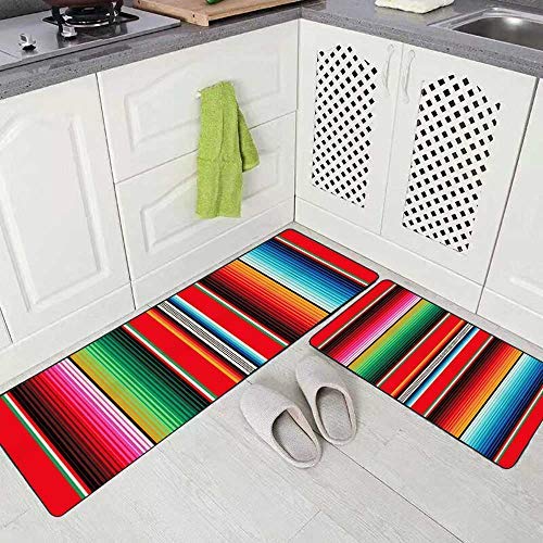 Musesh Soft Kitchen Rugs 2 Pieces,Mexican Rug Pattern Serape Stripes Detail Background with Colors Washable Non-Slip Kitchen Mat Set 17"X48"+17"X24" Rug for Kitchen