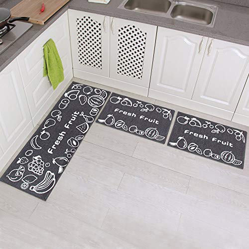 Carvapet Non-Slip Kitchen Mat Set Rubber Backing Doormat Runner Rug Set, Fruit Design (Grey 15"x47"+15"x23"+15"x23")