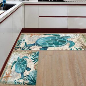 loopop sea turtle kitchen mats for floor cushioned anti fatigue 2 piece set kitchen runner rugs non skid washable ocean animal beach landscape sea theme 15.7x23.6+15.7x47.2inch