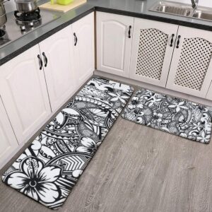 kitchen rug set 2 pieces,hawaiian polynesian trbal tatoo print washable kitchen mats rugs set non-slip indoor outdoor doormat runner carpet set