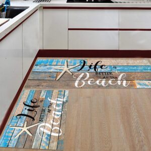 2 Pieces Kitchen Rug Mat Set Absorbent Soft Runner Carpets Ocean Coastal Starfish Beach Retro Wood Grain Life Is Better At The Beach Non Slip Doormat Floor Mats Throw Runner Rug for Living Room