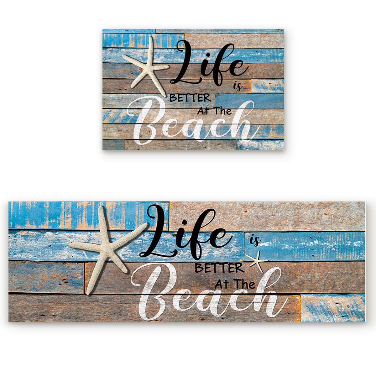 2 Pieces Kitchen Rug Mat Set Absorbent Soft Runner Carpets Ocean Coastal Starfish Beach Retro Wood Grain Life Is Better At The Beach Non Slip Doormat Floor Mats Throw Runner Rug for Living Room