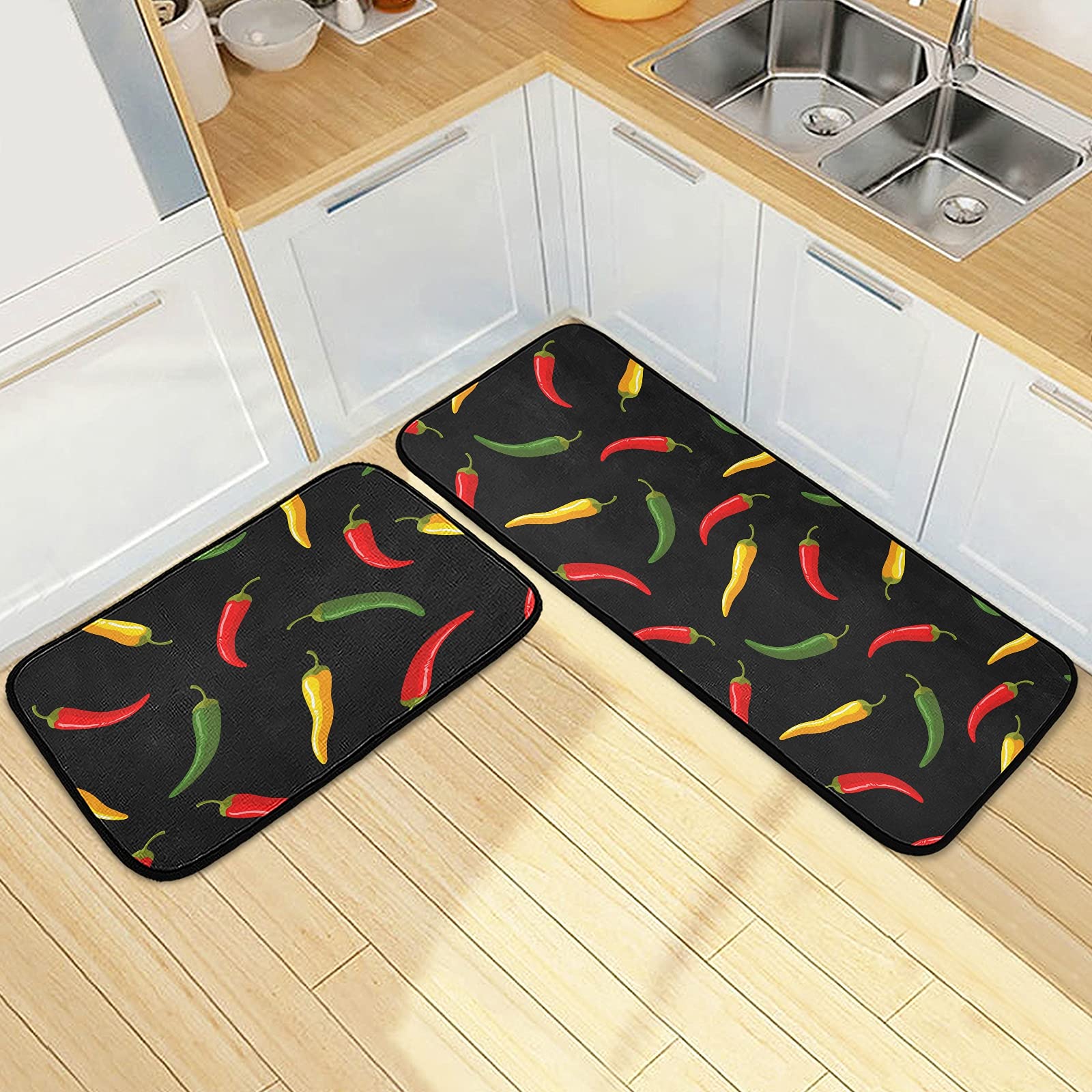 Kitchen Rugs Mats 2 Pieces, Colorful Chili Pepper Cushioned Kitchen Mat Anti-Fatigue Comfort Floor Mat Non Slip Kitchen Rug Standing Mats for Kitchen, Sink, Bath, Laundry (20x47 Inch+20x28 Inch)