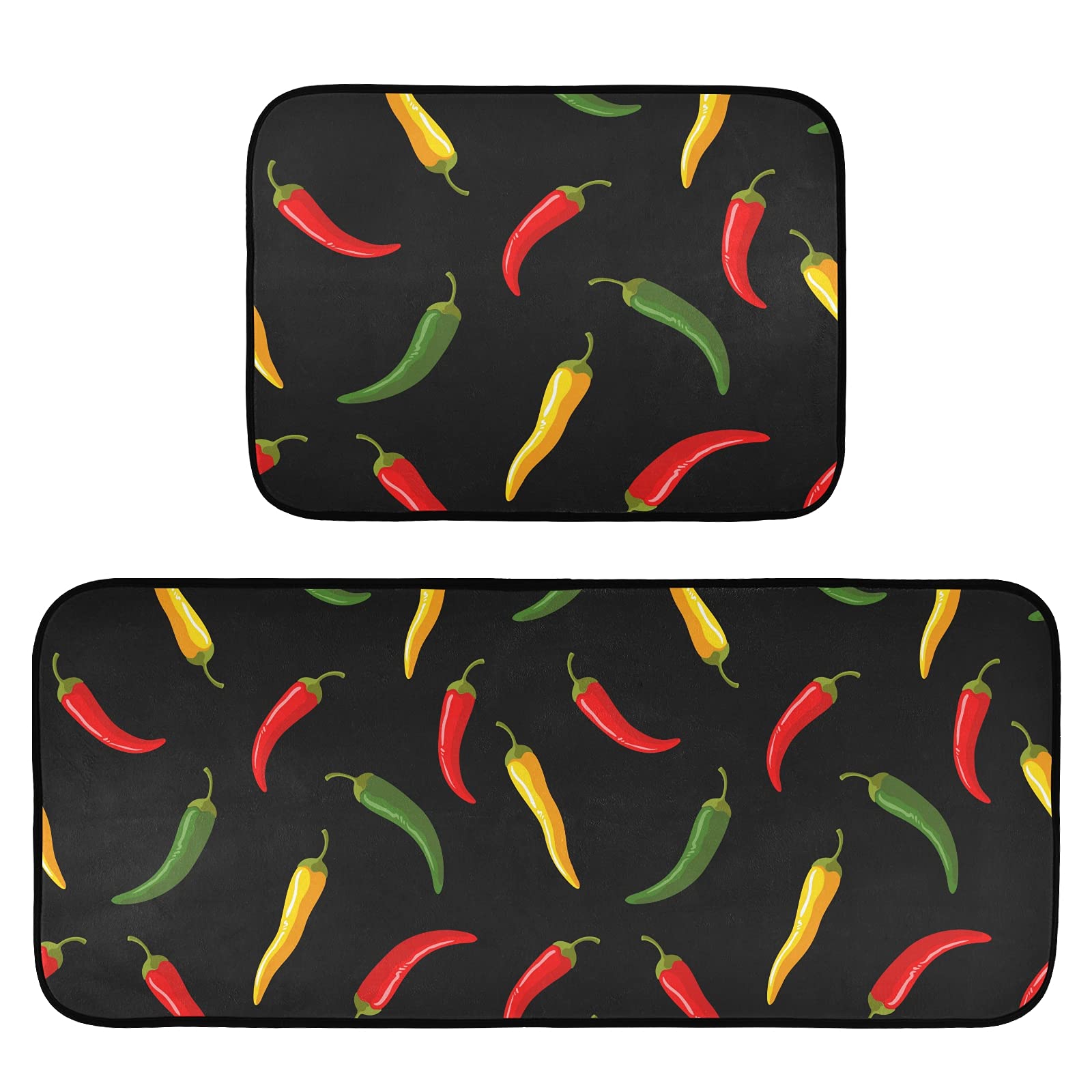 Kitchen Rugs Mats 2 Pieces, Colorful Chili Pepper Cushioned Kitchen Mat Anti-Fatigue Comfort Floor Mat Non Slip Kitchen Rug Standing Mats for Kitchen, Sink, Bath, Laundry (20x47 Inch+20x28 Inch)