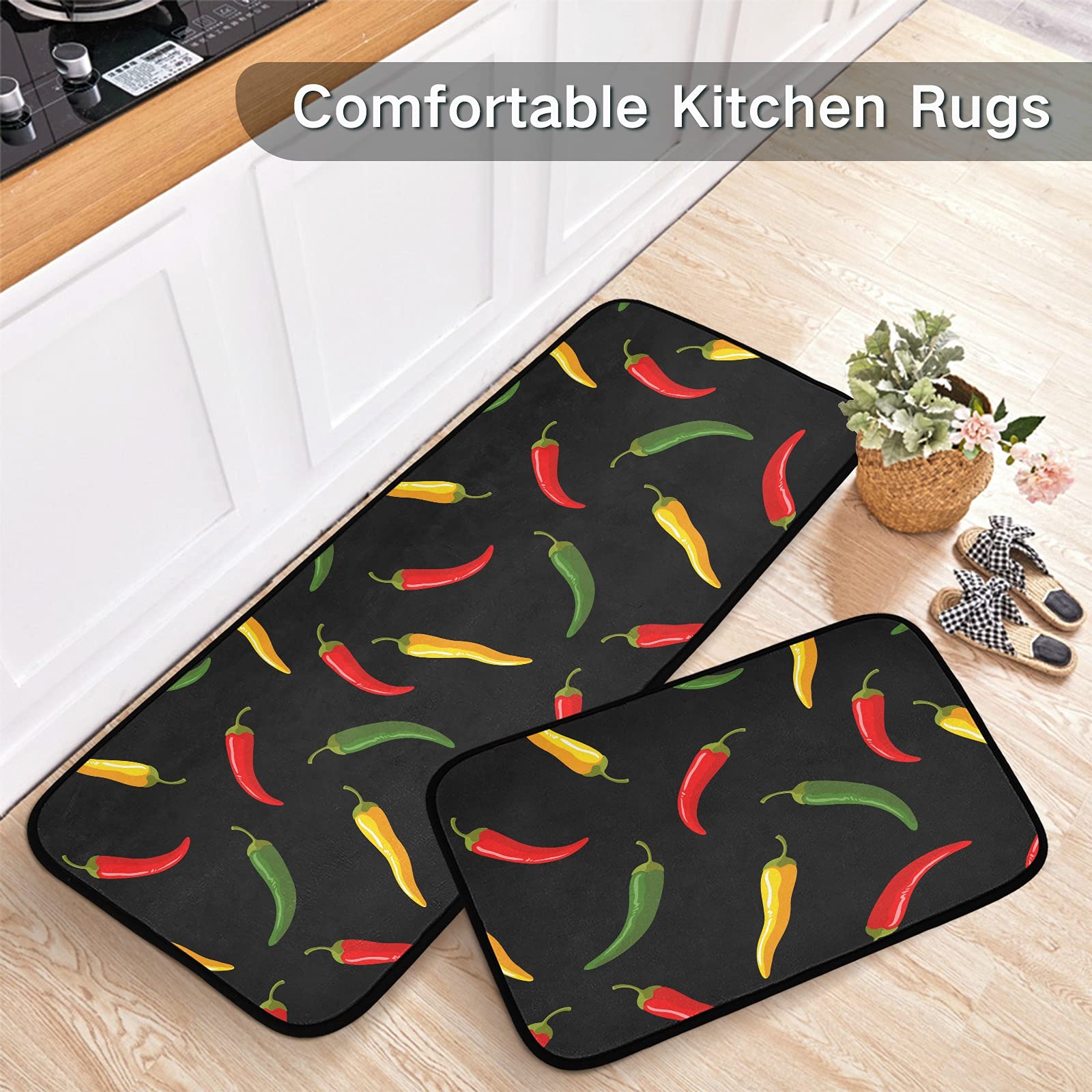 Kitchen Rugs Mats 2 Pieces, Colorful Chili Pepper Cushioned Kitchen Mat Anti-Fatigue Comfort Floor Mat Non Slip Kitchen Rug Standing Mats for Kitchen, Sink, Bath, Laundry (20x47 Inch+20x28 Inch)