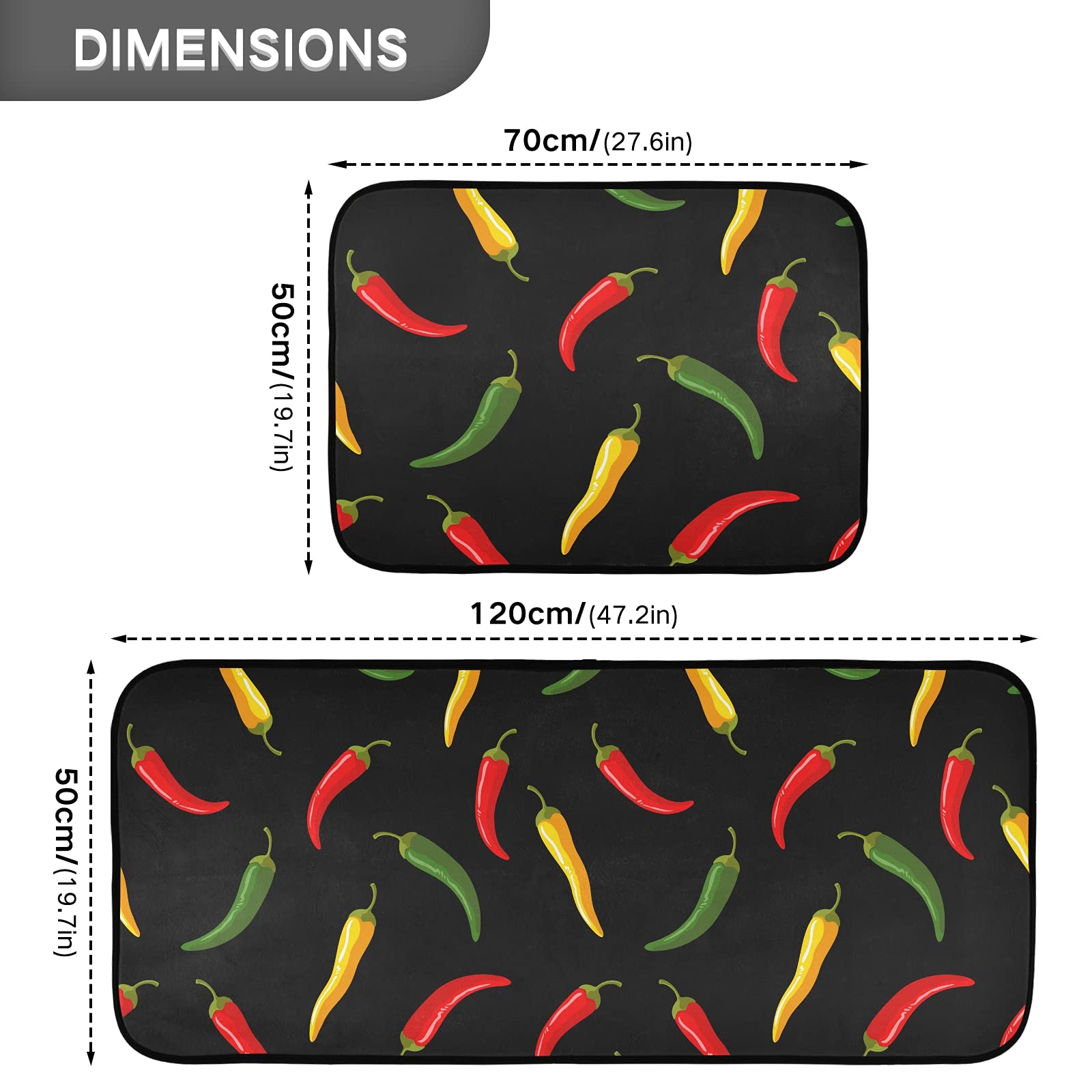 Kitchen Rugs Mats 2 Pieces, Colorful Chili Pepper Cushioned Kitchen Mat Anti-Fatigue Comfort Floor Mat Non Slip Kitchen Rug Standing Mats for Kitchen, Sink, Bath, Laundry (20x47 Inch+20x28 Inch)