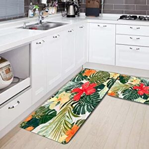 Gesmatic 2 Piece Non Slip Kitchen Mat Non-Slip Summer Colorful Hawaiian Tropical Plants and Hibiscus Flowers 17"X48" 17"X24" for Kitchen Floor Sink Laundry Hallway Dinning Room Office