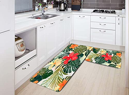 Gesmatic 2 Piece Non Slip Kitchen Mat Non-Slip Summer Colorful Hawaiian Tropical Plants and Hibiscus Flowers 17"X48" 17"X24" for Kitchen Floor Sink Laundry Hallway Dinning Room Office