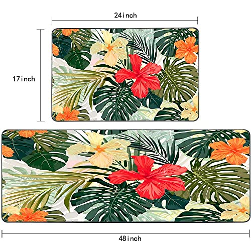 Gesmatic 2 Piece Non Slip Kitchen Mat Non-Slip Summer Colorful Hawaiian Tropical Plants and Hibiscus Flowers 17"X48" 17"X24" for Kitchen Floor Sink Laundry Hallway Dinning Room Office